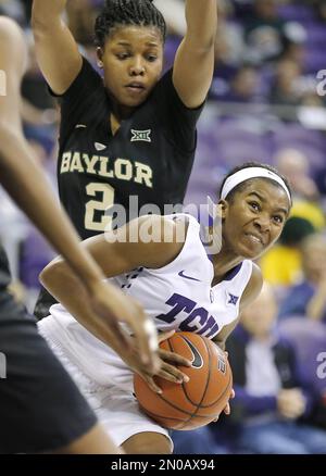 TCU guard Zahna Medley (14) has her shot blocked by Baylor's Alexis ...