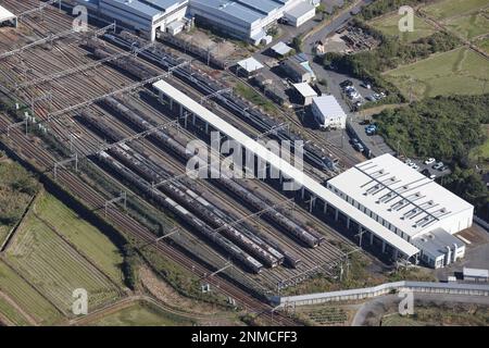 An aerial photo shows Sogo rail yard of Keisei Electric Railway Co ...