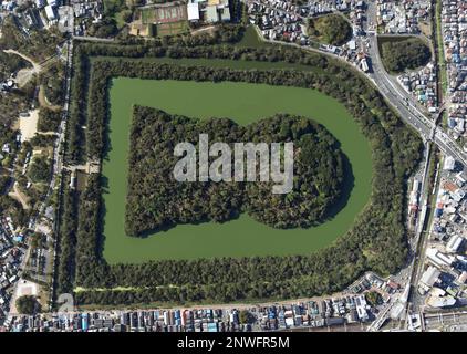 An aerial photo shows Daisen Kofun (Nintoku Tenno Ryo) that is thought ...