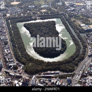 An aerial photo shows Daisen Kofun (Nintoku Tenno Ryo) that is thought ...