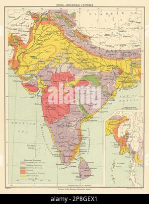 INDIA: mappa geologica. Cretaceo terziario Archaeon Purana Gondwana ...