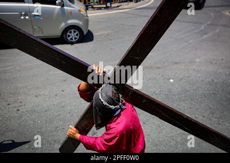 Penitente che porta la sua croce, sfilata dei flagellanti, settimana ...