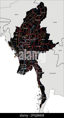 Mappa stradale dettagliata del Myanmar con etichettatura Immagine e ...