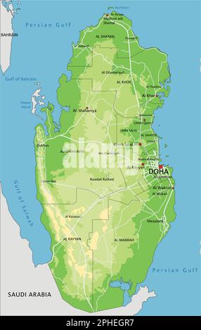 Mappa fisica del Qatar estremamente dettagliata con etichettatura ...