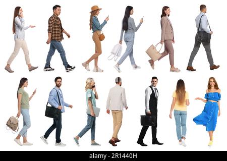 Collage con foto di persone che indossano abiti eleganti camminando su ...