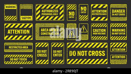 Vari cartelli di avvertimento gialli con linee diagonali. Vecchio ...