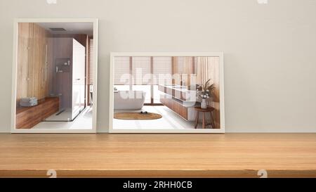 Specchi minimalisti su tavolo, scrivania o scaffale in legno che ...