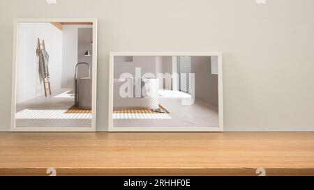 Specchi minimalisti su tavolo, scrivania o scaffale in legno che ...