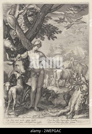 Adam dà i nomi degli animali, Jan Saenredam, dopo Abraham Bloemaert, 1639 - 1706 stampa Adam è ...