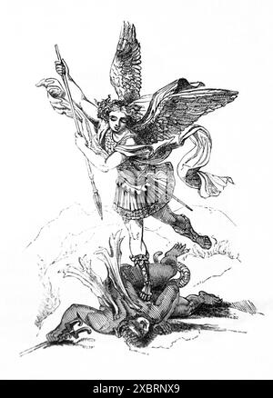 Incisione in legno di San Michele che sconfigge il Diavolo (Jude) da un ...