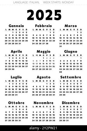 calendario 2025 anni. Italiano. Con 12 mesi. Illustrazione vettoriale stampabile in nero e rosso ...