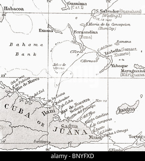Mappa di Guanahani o San Salvador mostra Watling isola dove Cristoforo ...