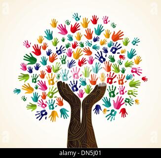 Albero con colorati mani umane insieme. Il team della comunità nozione ...