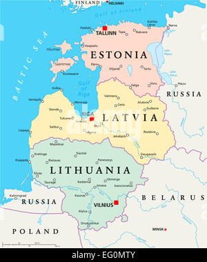 Paesi baltici mappa politico. Stati baltici area con capitelli, confini ...