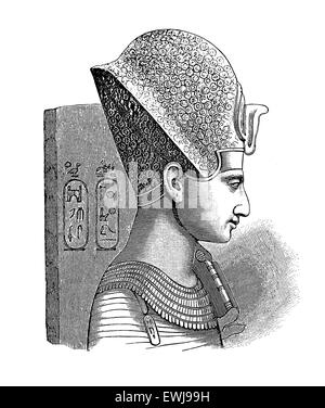 Antico Egitto , incisione - Ritratto di faraone seduto sul trono con ...