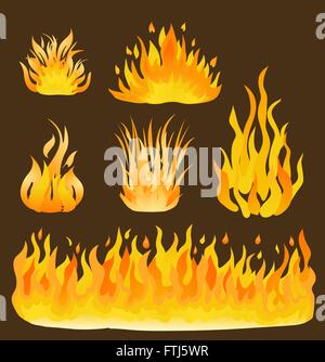 Set di un incendio fiamme isolato su uno sfondo bianco, calda fiamma ...