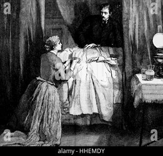 Illustrazione raffigurante i membri della famiglia attorno a un letto ...