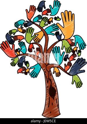 Albero con colorati mani umane insieme. Il team della comunità nozione ...