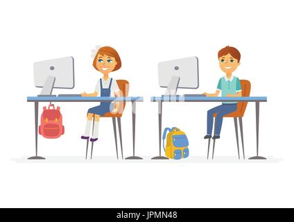 Bambini e informatica. Lezione di informatica, ragazza ragazzo cartoon ...