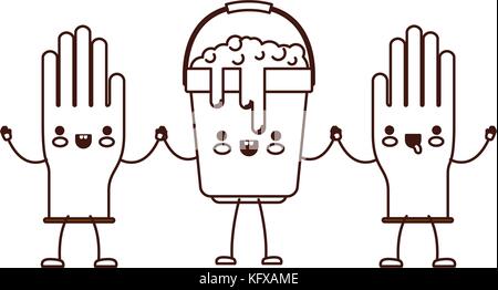 Kawaii cartoon guanti e secchio con acqua saponata tenendo le mani in ...