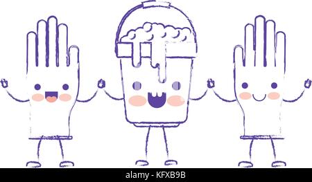 Kawaii cartoon guanti e secchio con acqua saponata tenendo le mani in ...