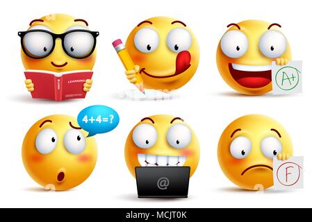 Smileys torna a scuola emoticon insieme vettoriale. Emoji smiley con ...