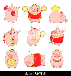 Set di suini carini in stile kawaii. Divertente, felice, ridere ...