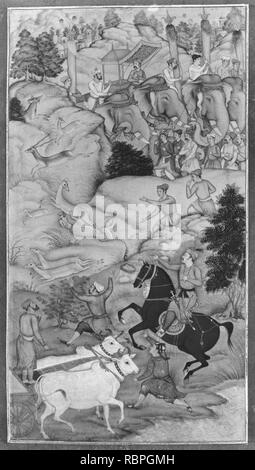 Akbar caccia con ghepardi. Dal Akbarnama (Libro di Akbar). Composizione ...
