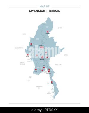 Modello modificabile di mappa di Myanmar - Birmania con segni. Myanmar ...