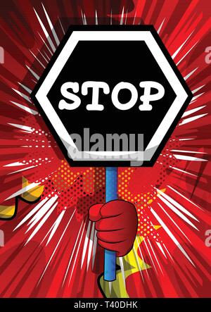 Vector cartoon mano che tiene un segno di stop. Illustrate la mano sul ...