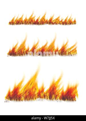 Set di un incendio fiamme isolato su uno sfondo bianco, calda fiamma ...