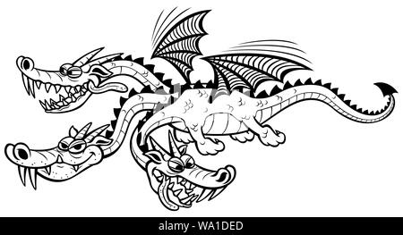 Pagina da colorare con drago a tre teste. Illustrazione del contorno ...